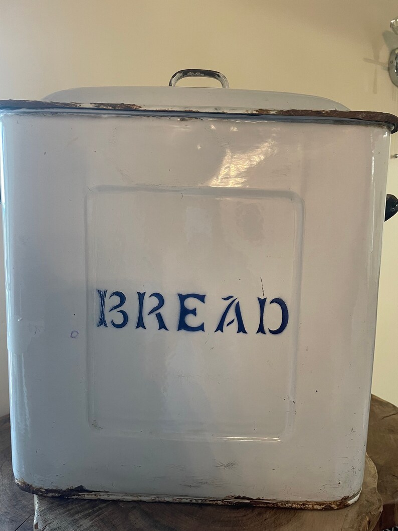 Extra Large Vintage English Enamel Bread Bin: Blue Rim Kitchen Storage ...