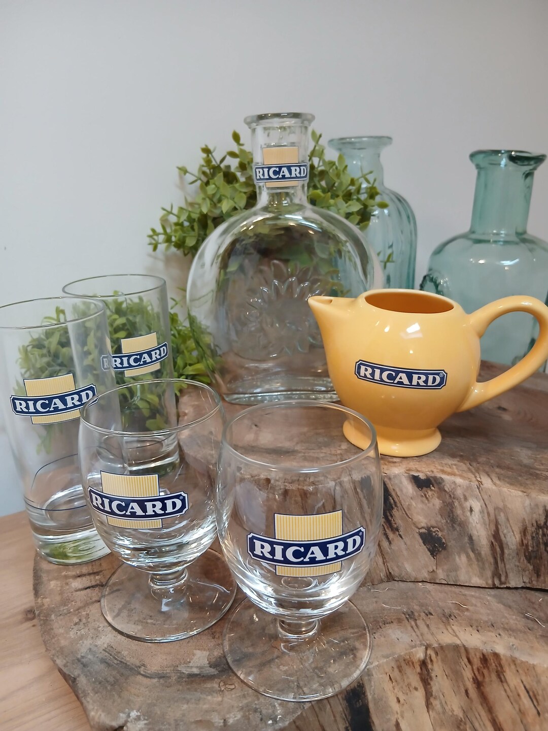 French Ricard Glass Bottle Carafe With 4 Matching Glasses and Water Jug ...
