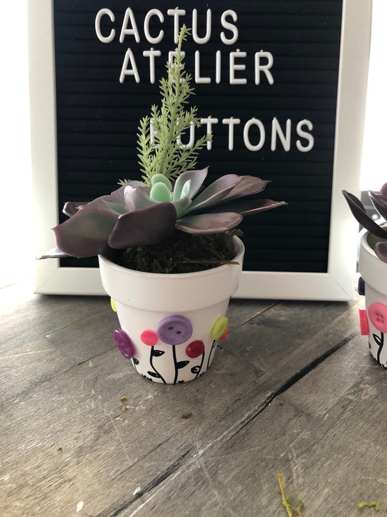 Set of 3 Hand Painted Succulent Planters Button Decor Cactus Pots Small ...