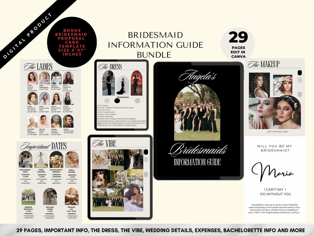 Bridesmaid Information Guide Template: Wedding Party Details (canva ...
