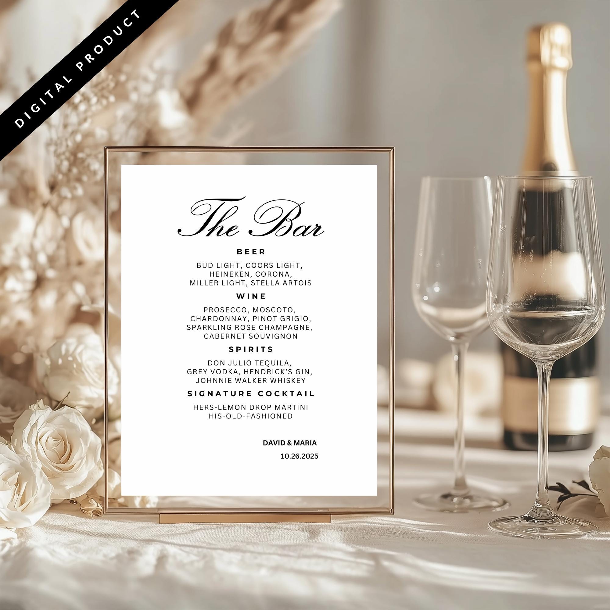 Elegant Wedding Bar Menu Template: Minimalist Signature Drinks (digital ...