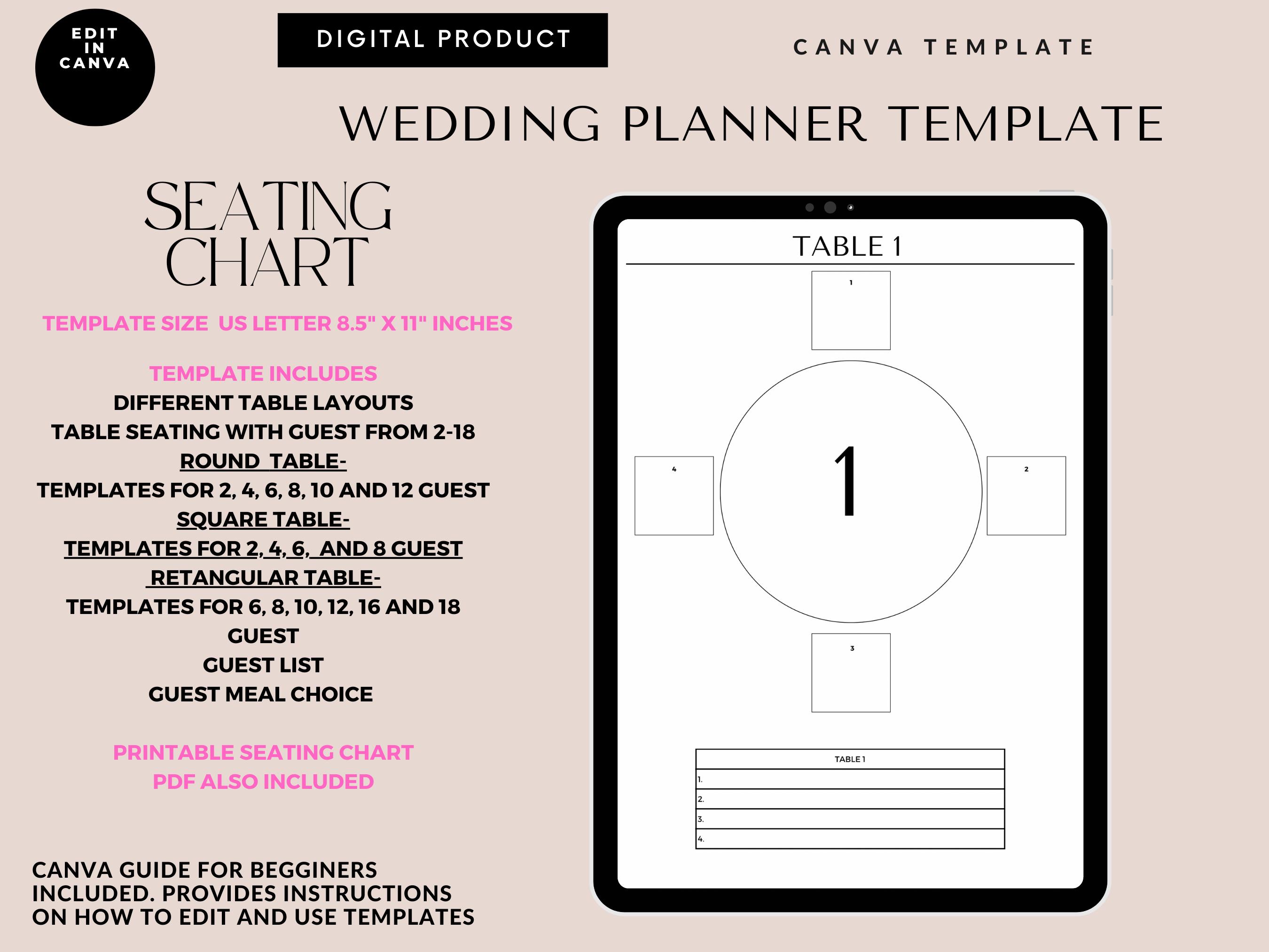 Printable Wedding Table Seating Chart Template, Event Table Seating ...