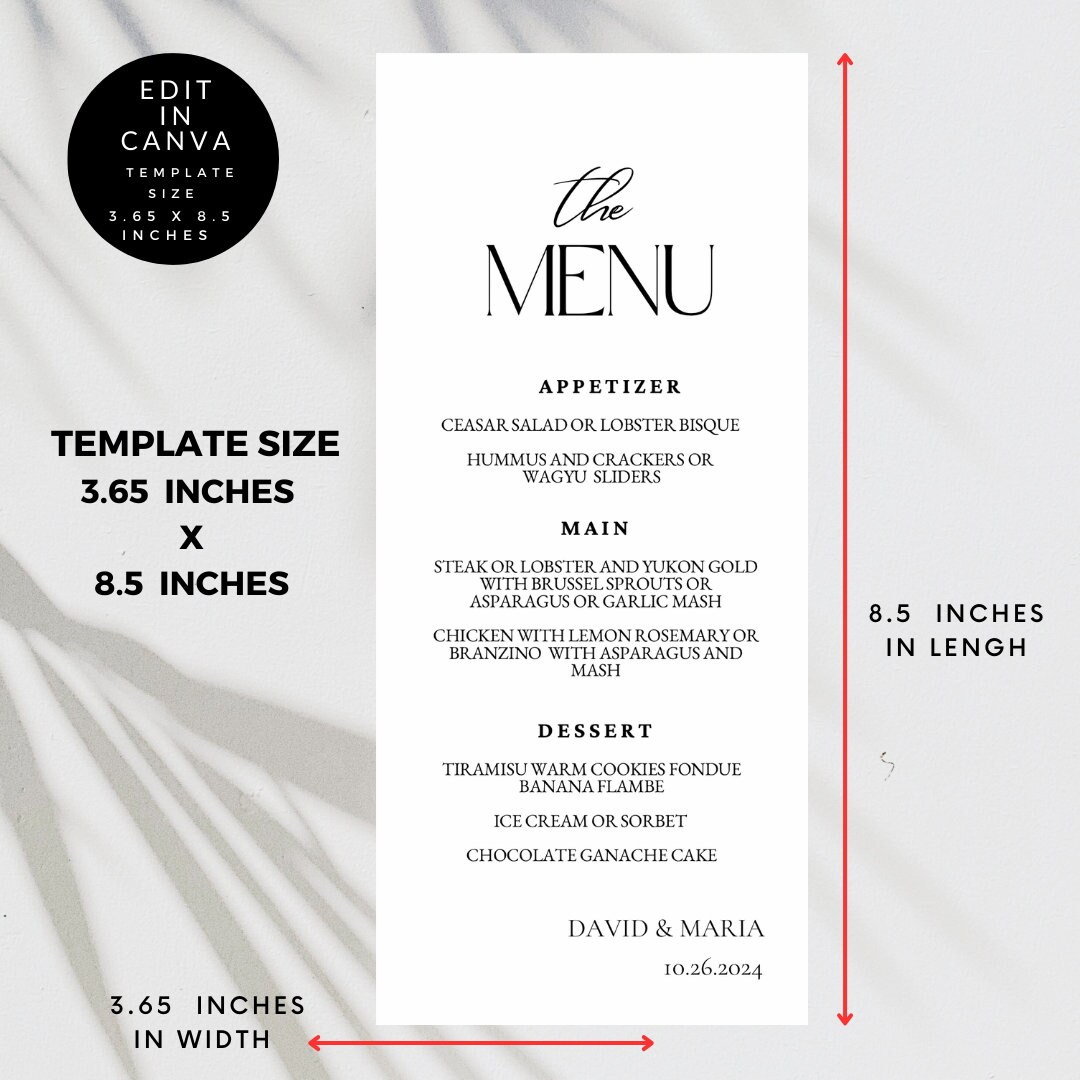 Wedding Menu Cards, Printable Dinner Menu, Reception Dinner Place ...