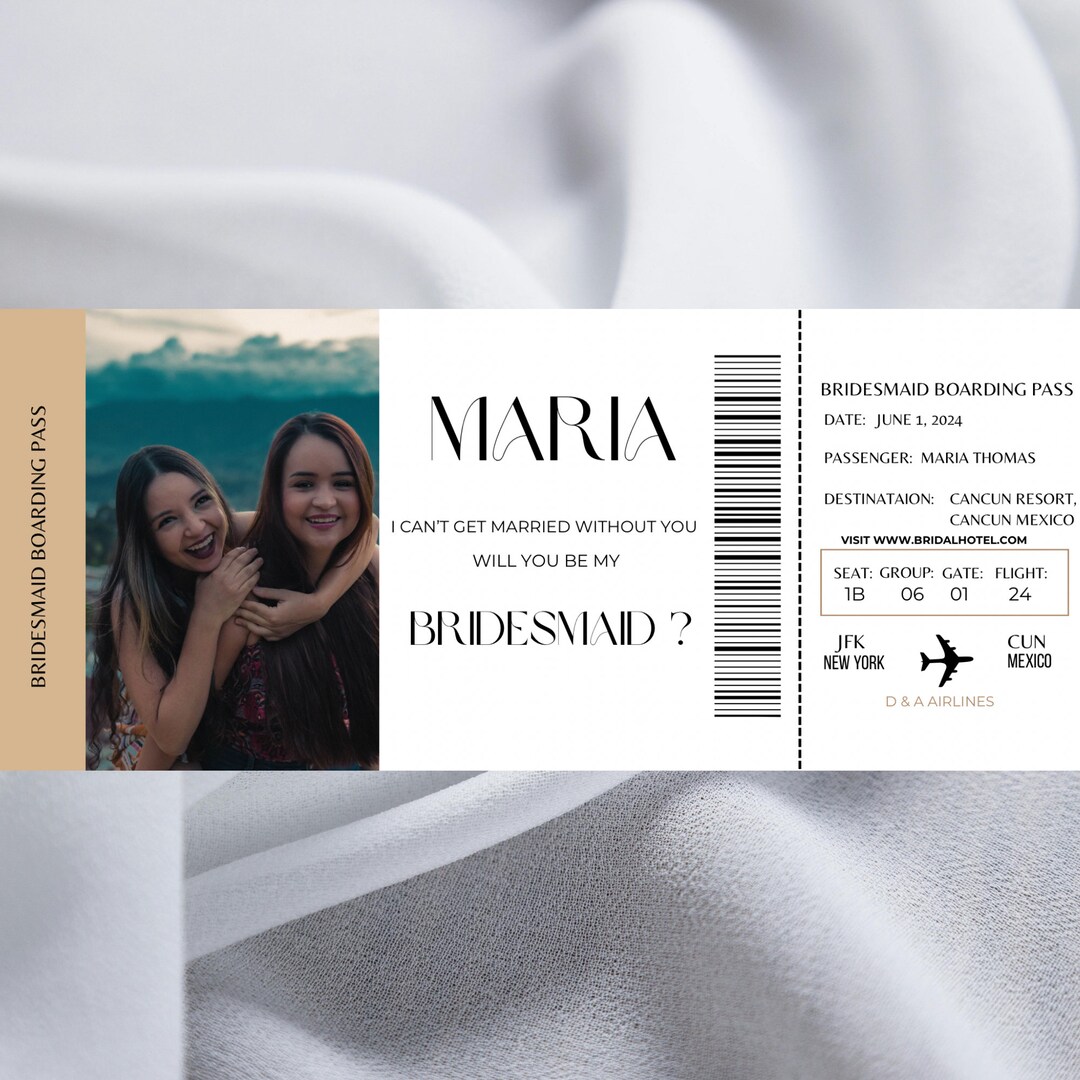Boarding Pass Template, Printable Bridesmaid Card, Maid of Honor, Destination Wedding Bridesmaid ...