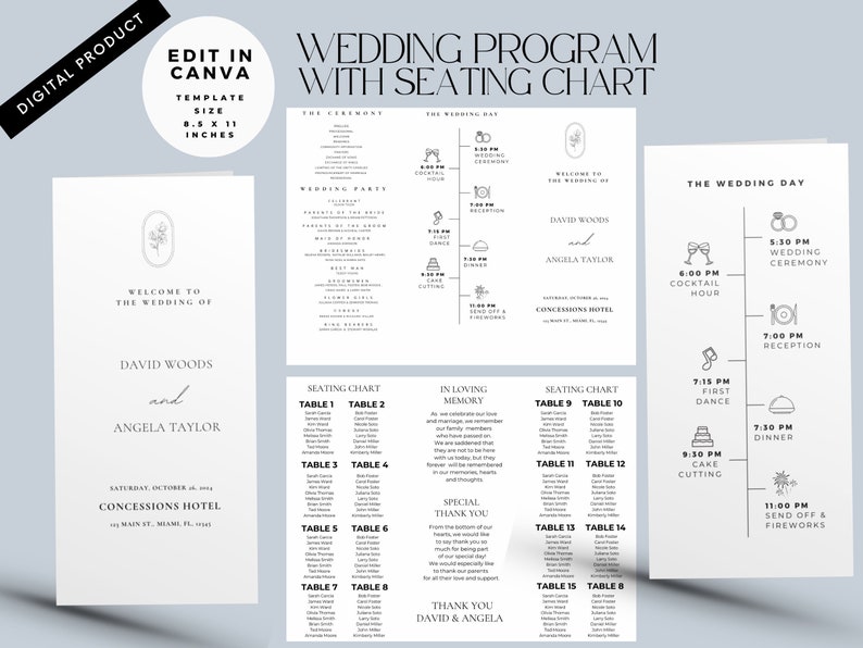 Trifold Wedding Program Template, Wedding Seating Chart, Printable ...