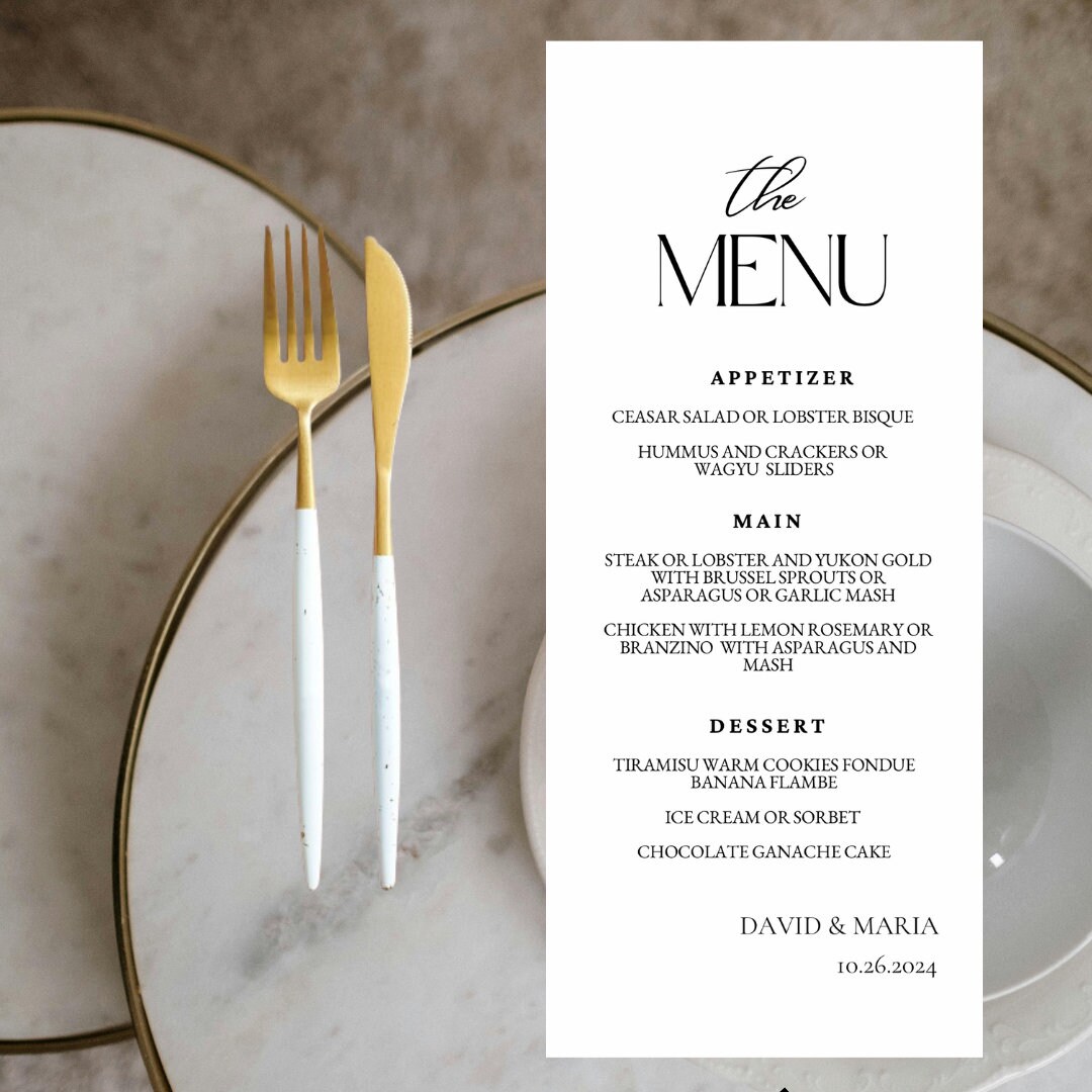 Wedding Menu Cards, Printable Dinner Menu, Reception Dinner Place ...