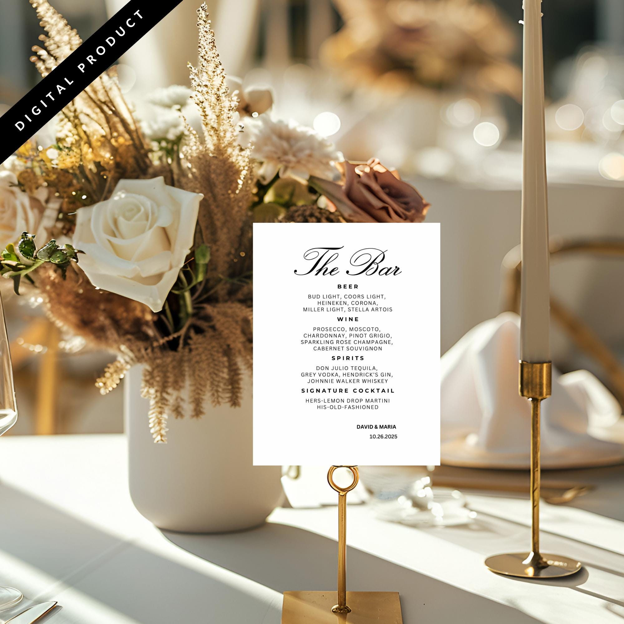 Elegant Wedding Bar Menu Template: Minimalist Signature Drinks (digital ...