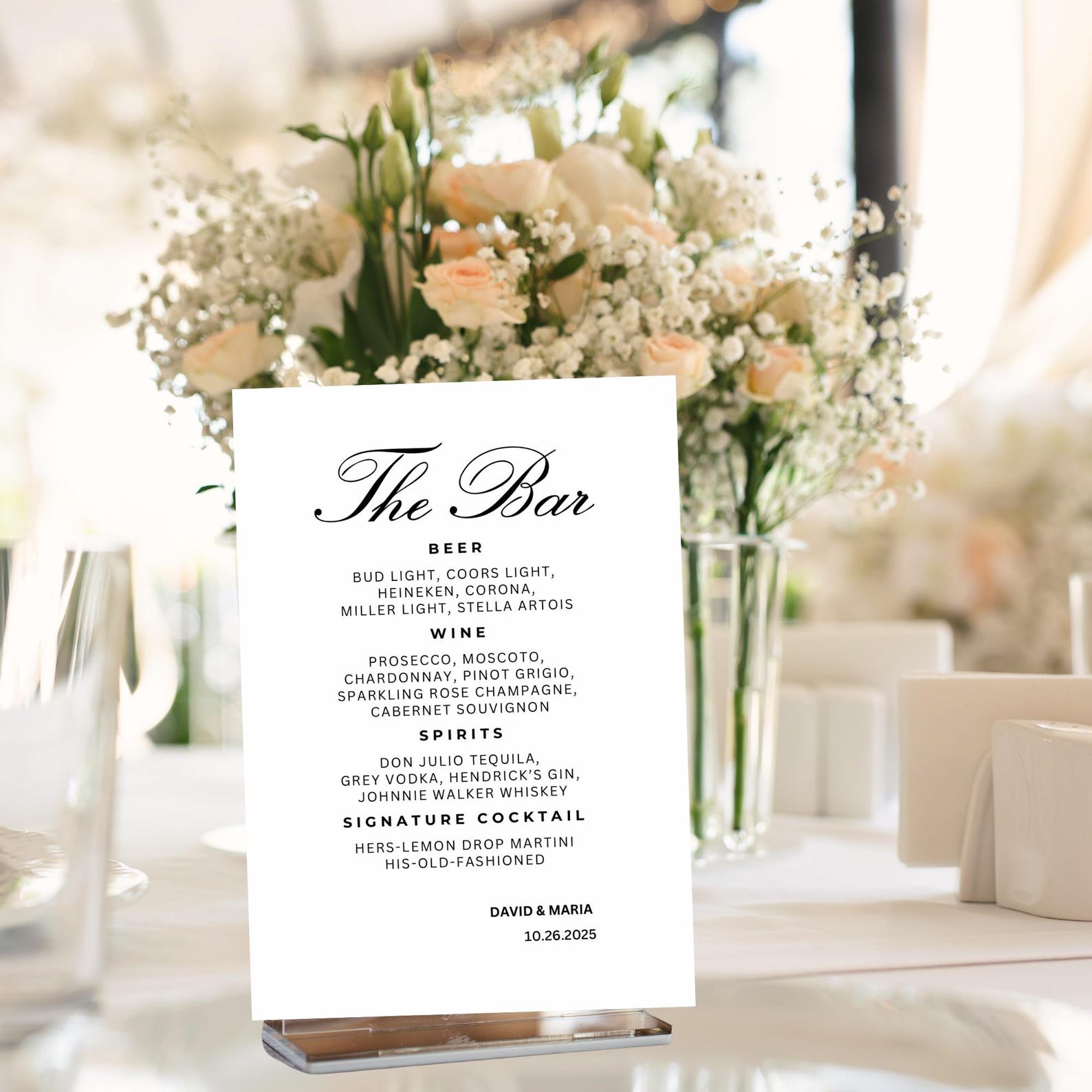 Elegant Wedding Bar Menu Template: Minimalist Signature Drinks (digital ...