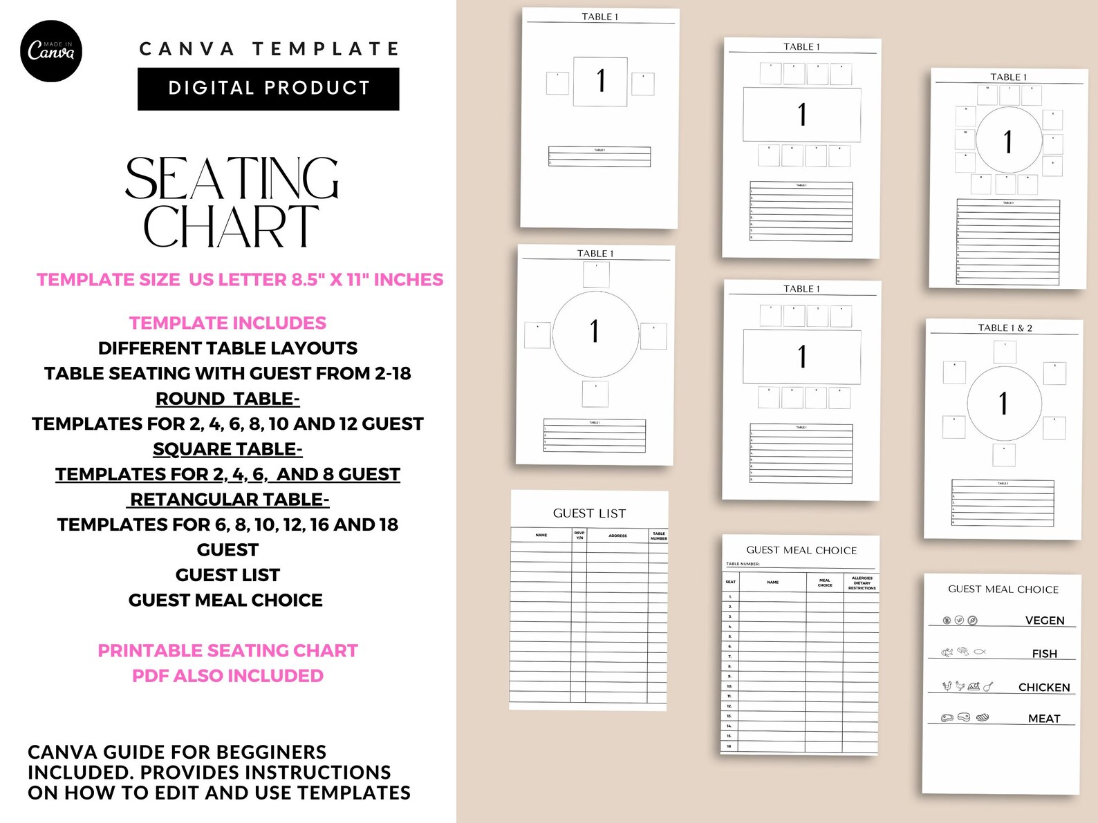 Printable Wedding Table Seating Chart Template, Event Table Seating ...