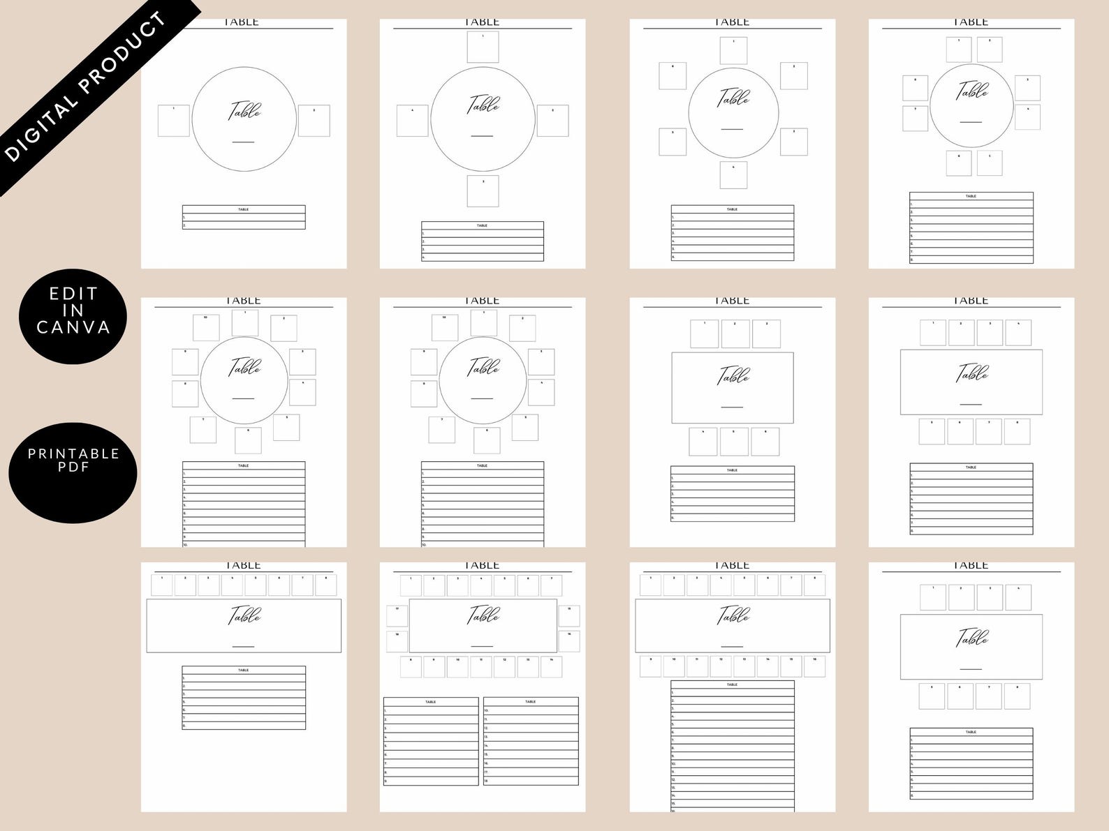Printable Wedding Table Seating Chart Template, Event Table Seating ...