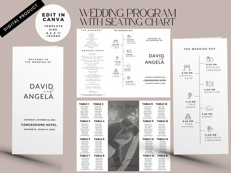 Trifold Wedding Program, Ceremony Program Canva, Wedding Seating Chart ...