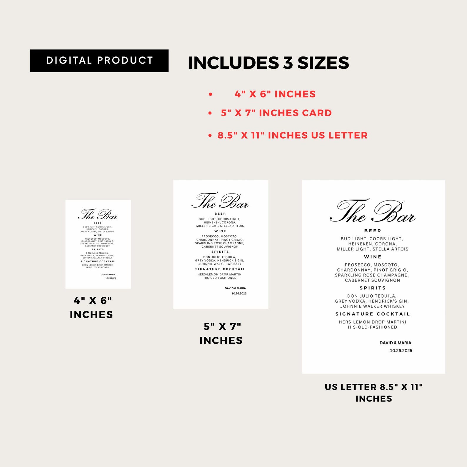 Elegant Wedding Bar Menu Template: Minimalist Signature Drinks (digital ...