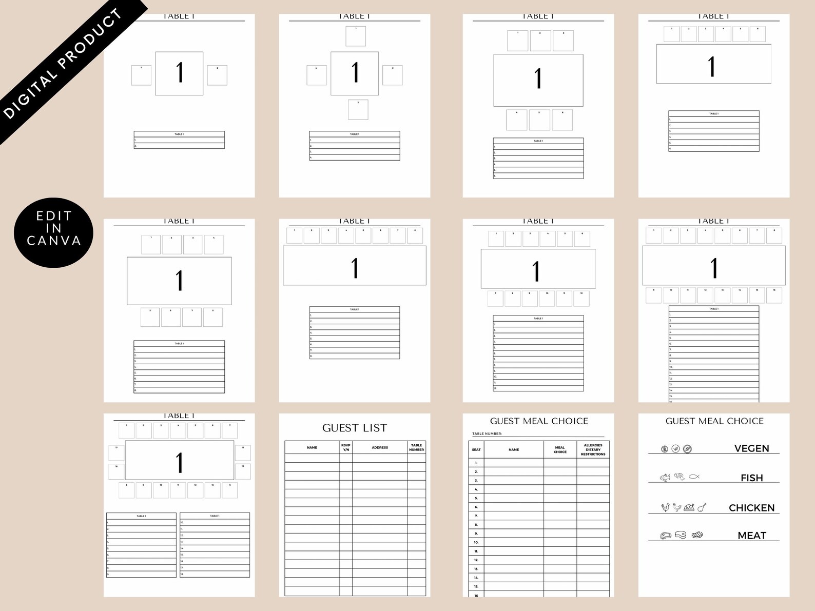 Printable Wedding Table Seating Chart Template, Event Table Seating ...