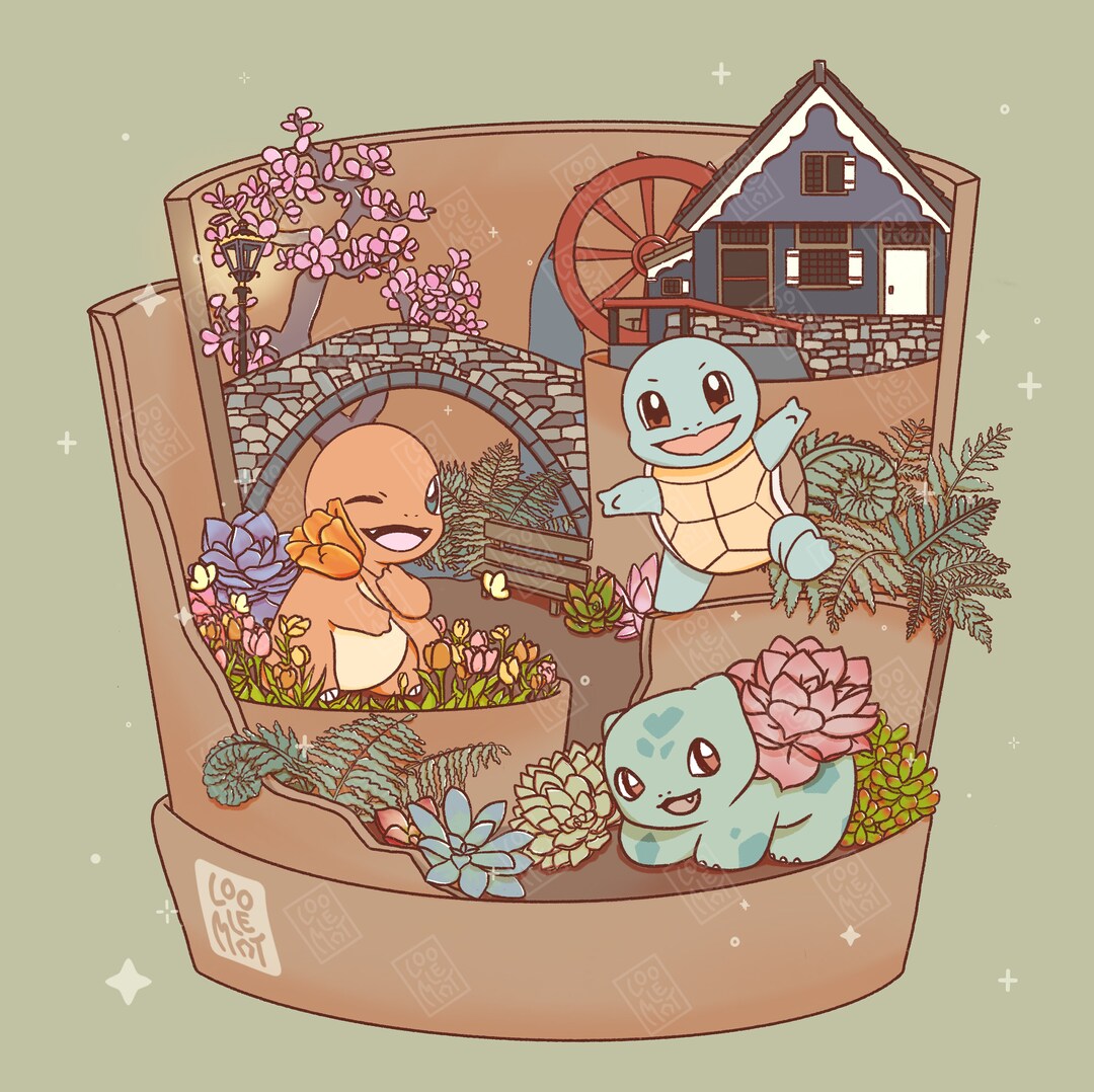 Charmander Squirtle Bulbasaur Fairy Garden Art Print | Pokemon Inspired ...