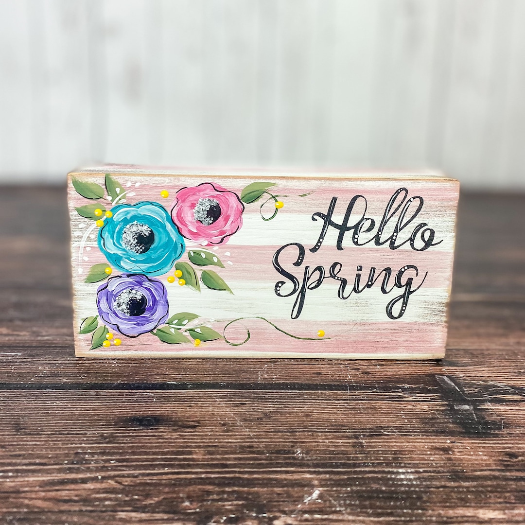 Hello Spring Sign With Flowers, Floral Framed Shelf Sitter, Spring ...