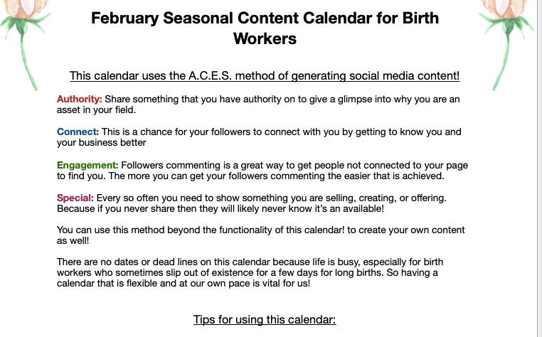 February Content Calendar for Birth Workers | Etsy