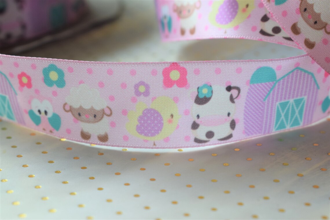 Girl Pink Farm Animal Ribbon Cow Sheep Chicken Ribbon Pink | Etsy