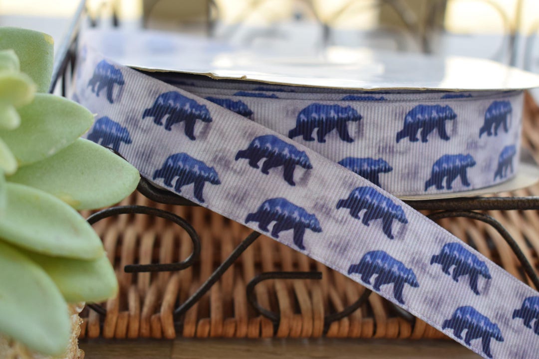 Plaid Bear Grosgrain Ribbon, Blue and Grey Bear Baby Ribbon, Animal ...