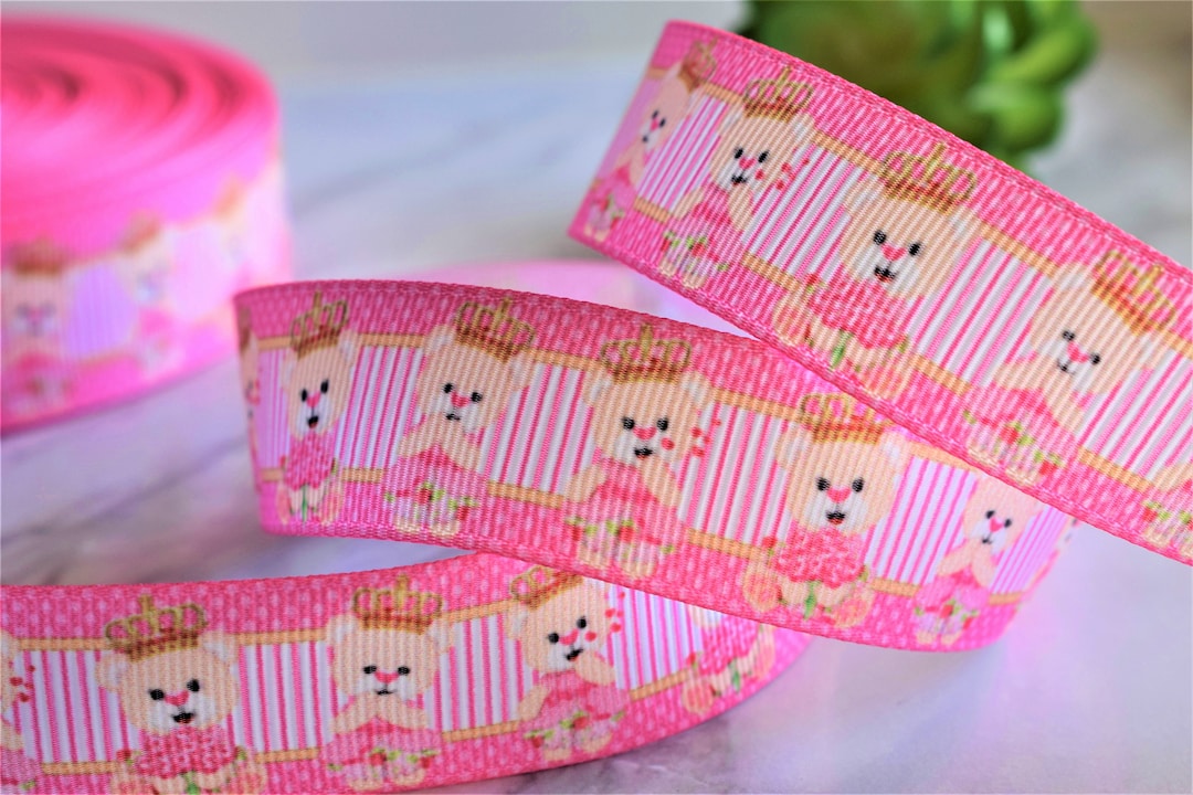 Pink Crown Teddy Bear Ribbon, Girl Bear Grosgrain Printed Ribbon ...