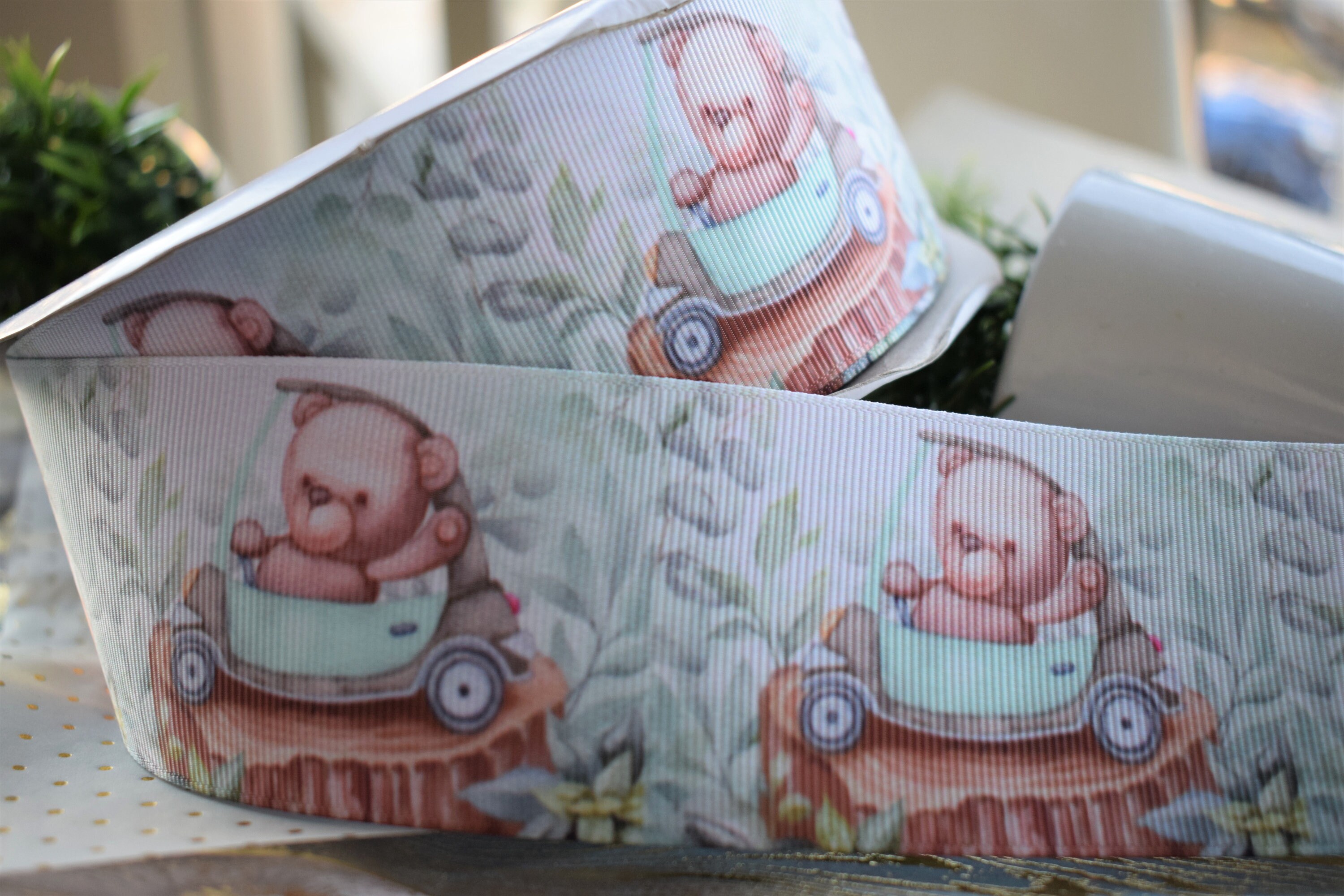 Teddy Bear Ribbon, Teddy Bear Greenery Grosgrain Printed Ribbon ...