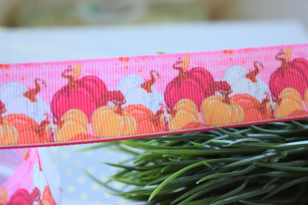 Pink Pumpkin Ribbon, Autumn Flower Ribbon, Pink Fall Pumpkin Grosgrain ...