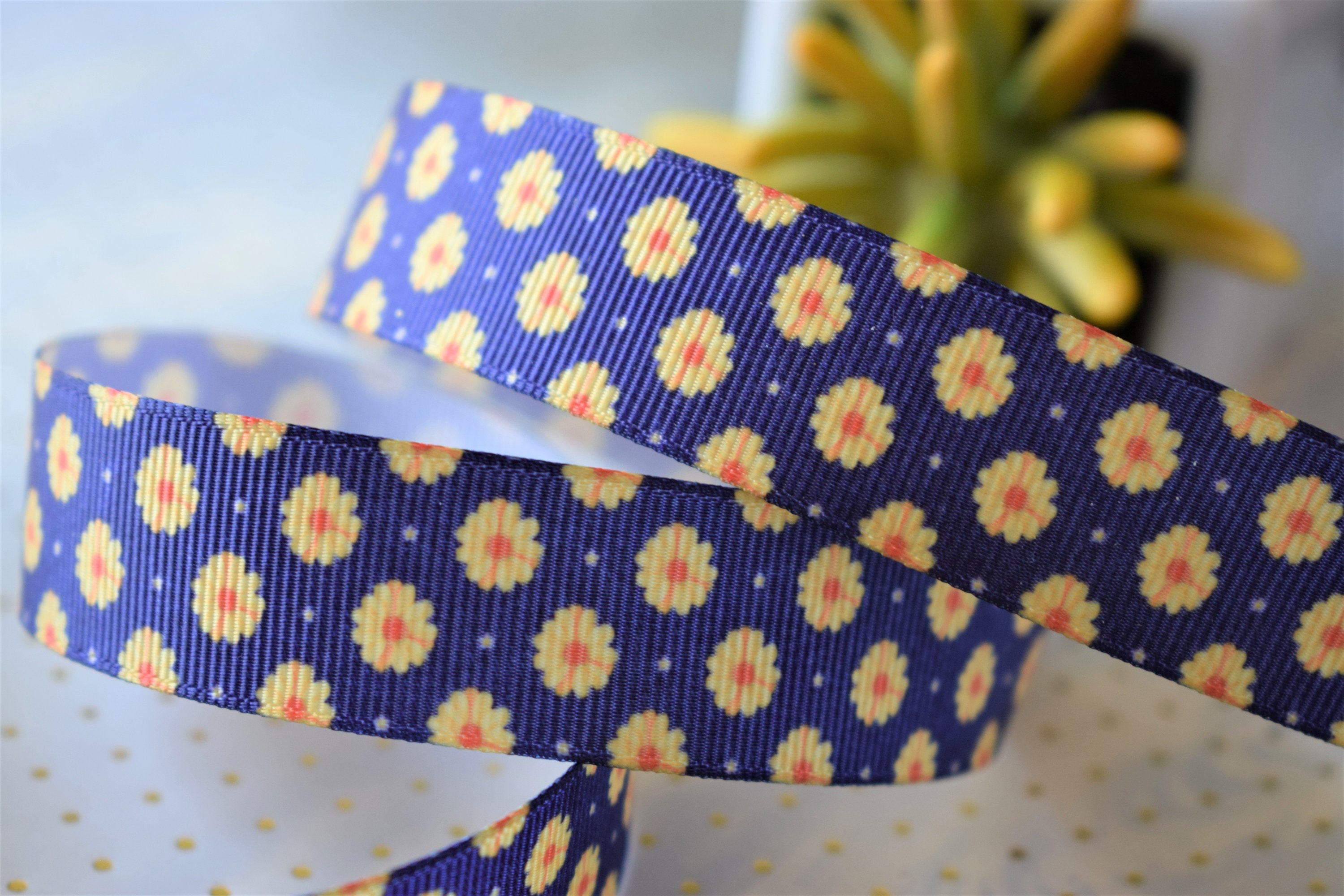 Sunflower Ribbon Blue Flower Ribbon Sunflower Grosgrain - Etsy