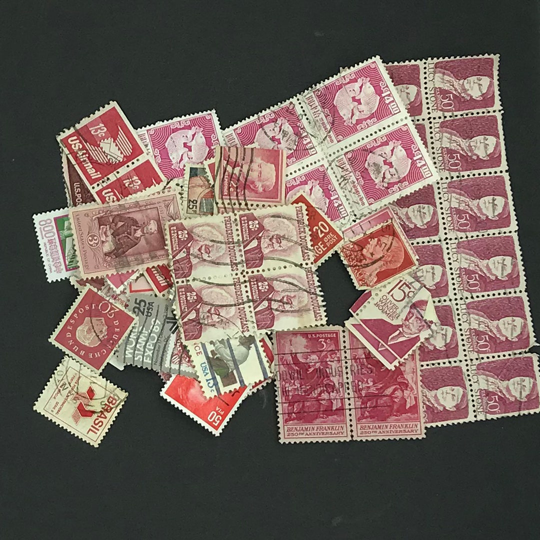 50 Red Vintage Postage Stamps Used-cancelled Red Paper Ephemera Junk ...
