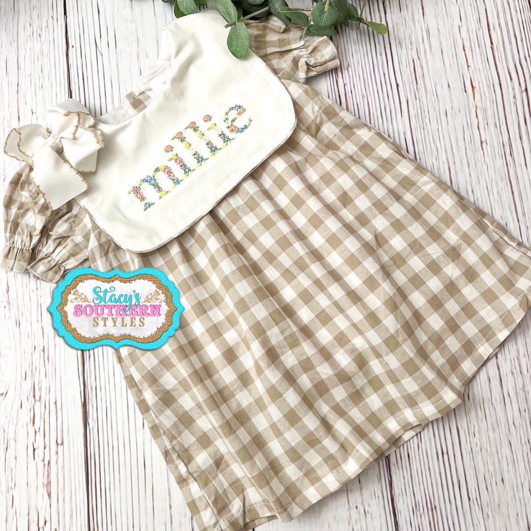 Tan and White Checkered Dress or Bubble, Cute Spring Dress, Floral ...