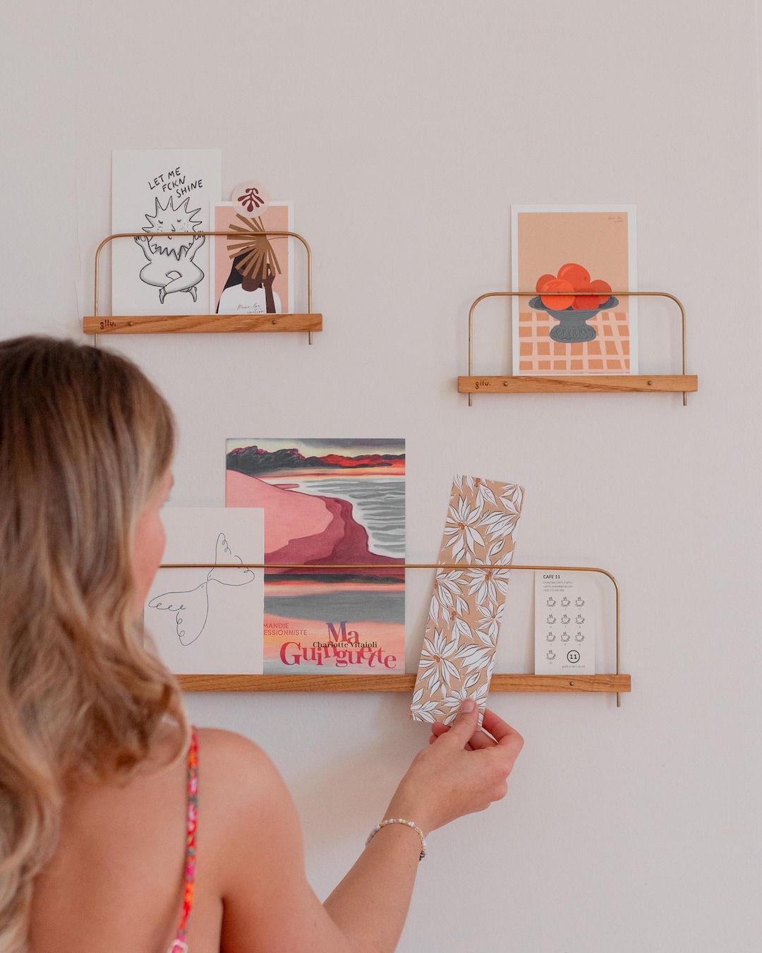 Photo, Polaroid & Postcard Shelf in Solid Chestnut Wood and Solid Brass ...