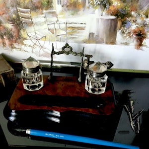 Antique Set Inkwell Victorian Crystal Hexagonal Lid and Bottle / Wood ...