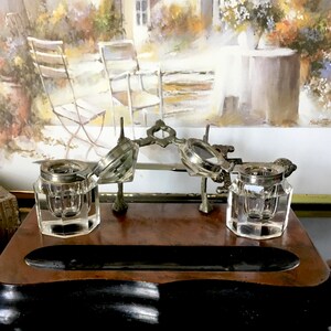 Antique Set Inkwell Victorian Crystal Hexagonal Lid and Bottle / Wood ...