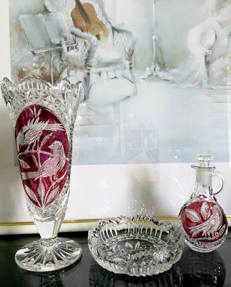 Crystal Vintage Hofbauer Red Bird Crystal Vase/bottle/ashtray. - Etsy