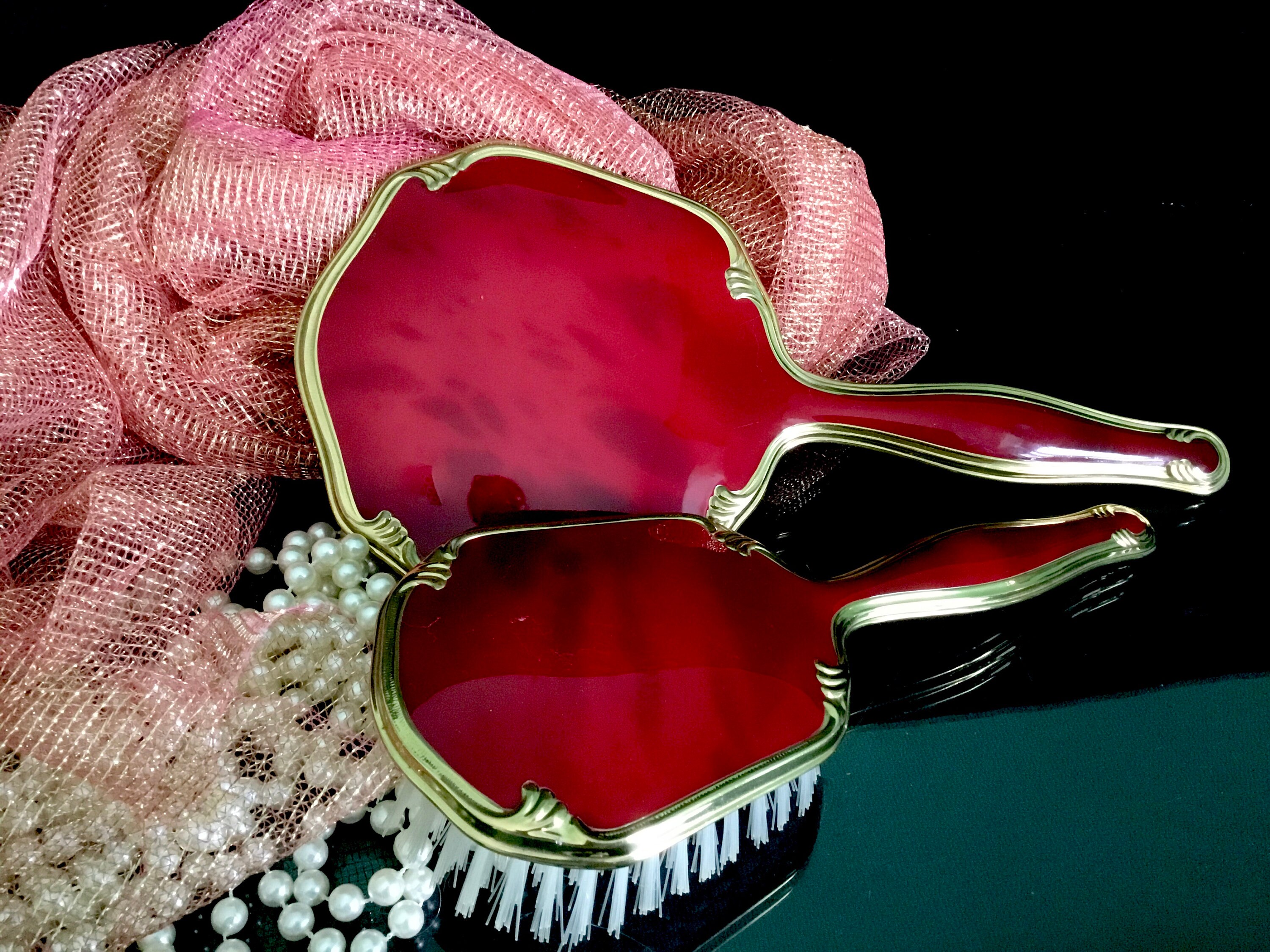 Vintage red Hair Brush and Hand Mirror Set | Etsy