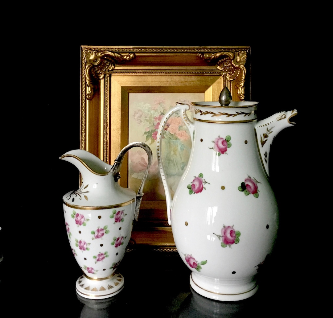Porcelaine De Paris Teapot and Jug With Flowers and Silver Details ...