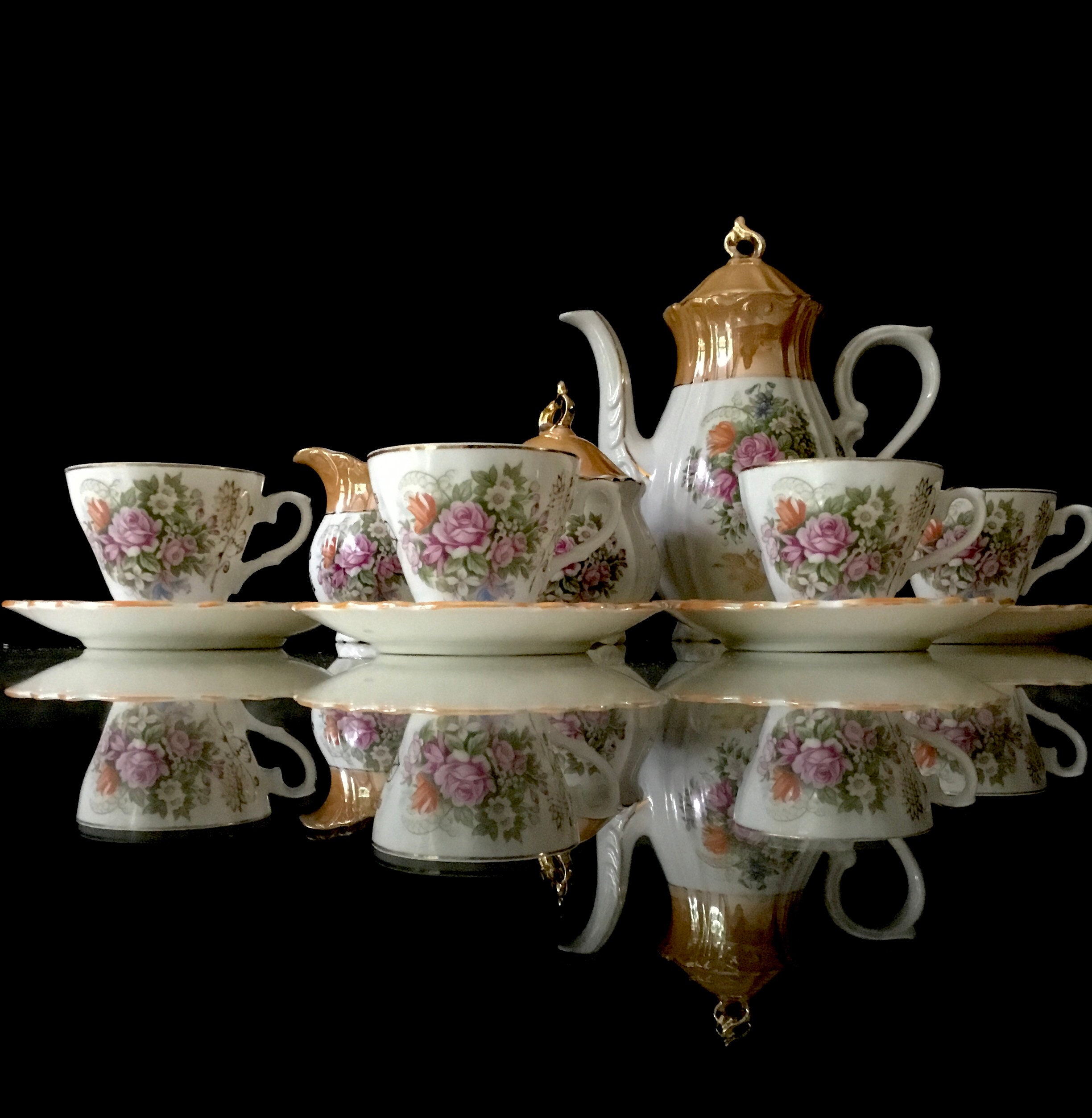 German Porcelain antique floral tea set with gold en details. | Etsy