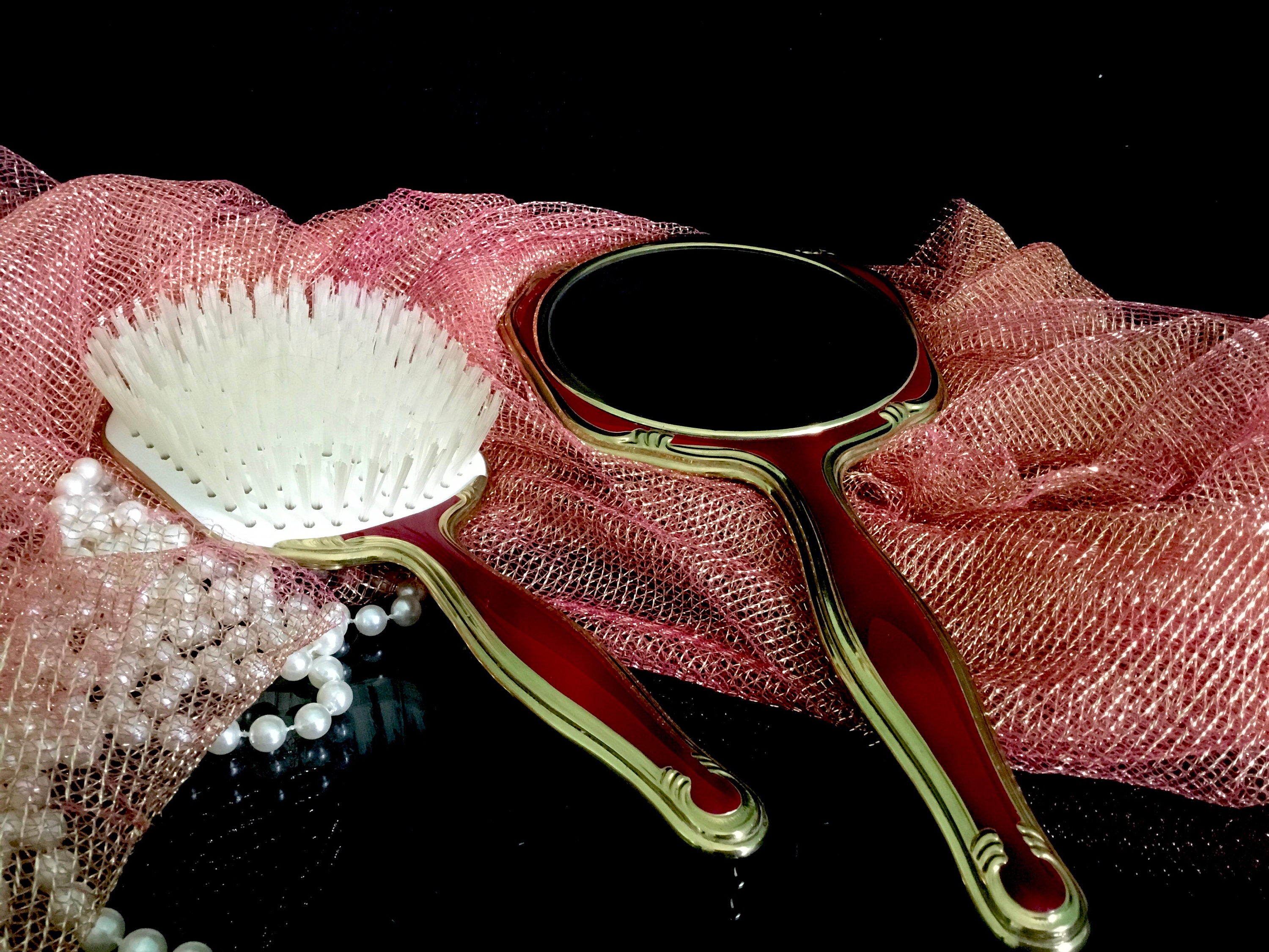 Vintage red Hair Brush and Hand Mirror Set | Etsy