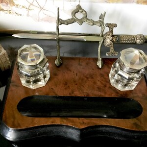 Antique Set Inkwell Victorian Crystal Hexagonal Lid and Bottle / Wood ...