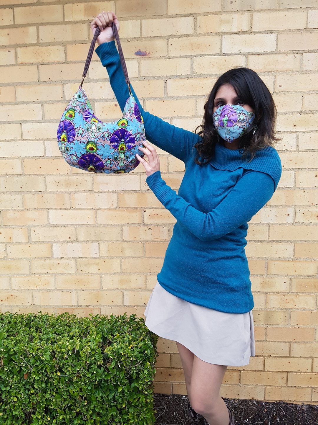 Slouch Bag and Mask Combo, Teal Blue Shoulder Bag With Matching Mask ...