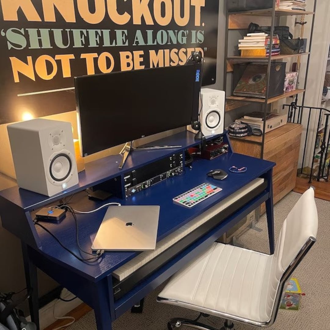 Blue Piano Drawer Desk With Monitor Stand, Cable Storage and Wooden ...