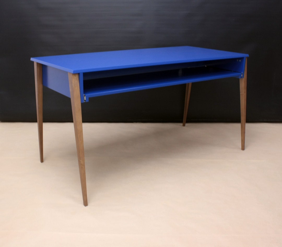 Blue PIANO-DRAWER Desk With Cable Storage and Walnut Stained Wooden ...
