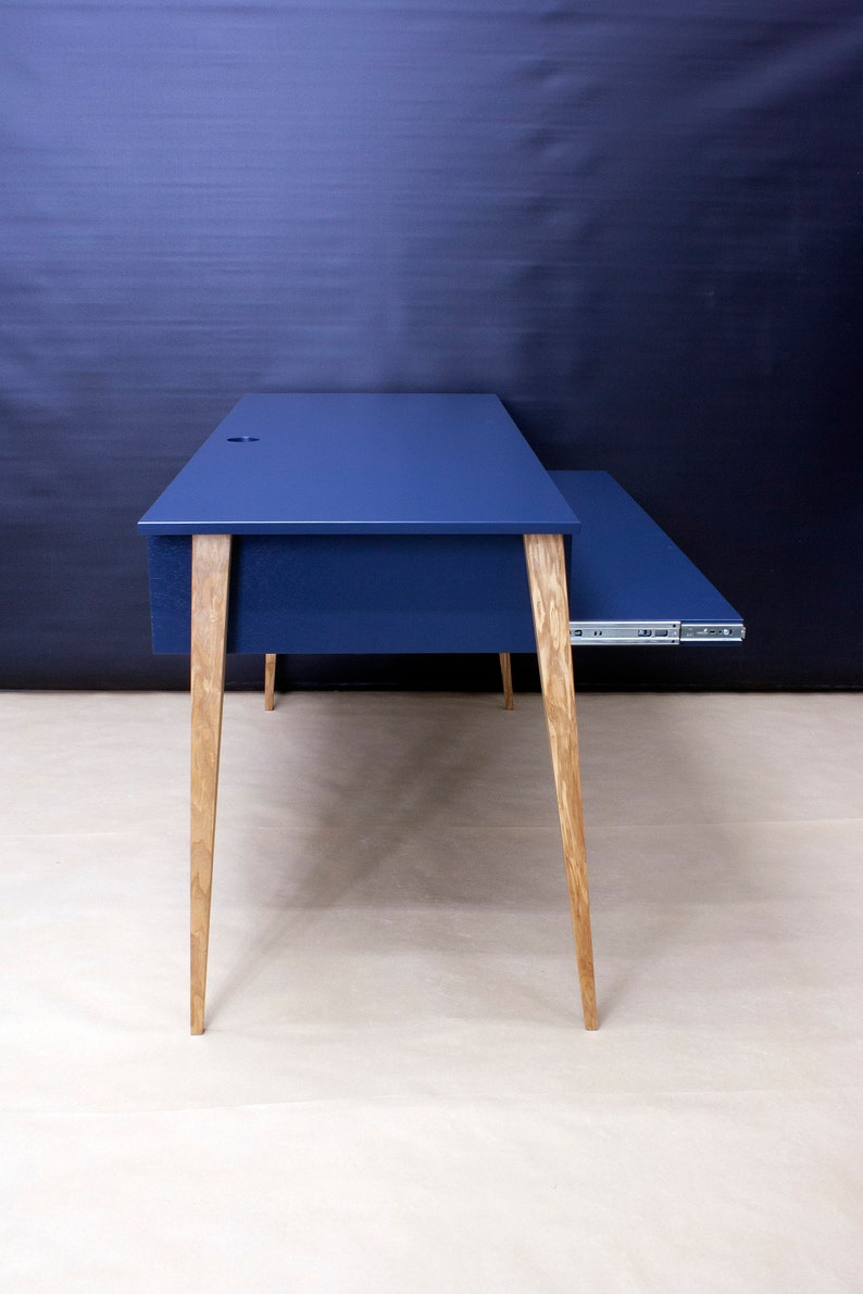 Blue PIANO-DRAWER Desk With a Cable Storage and Wooden Legs - Etsy