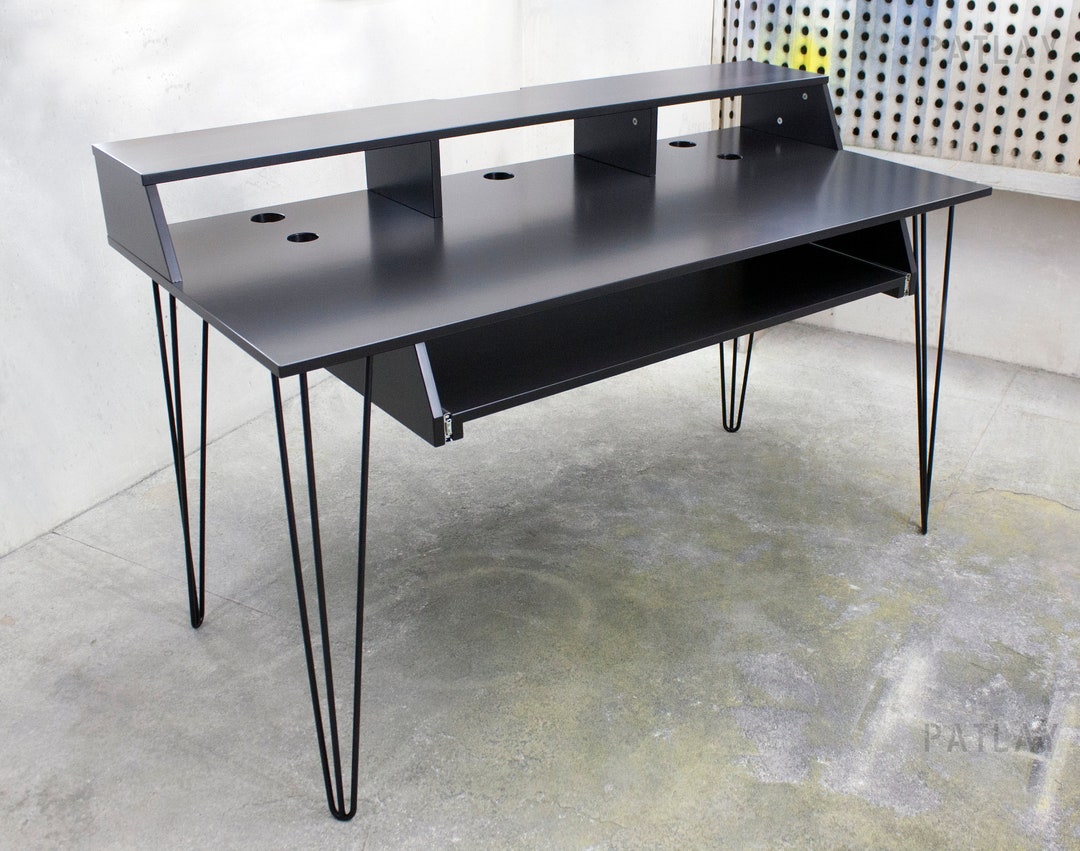 Black Piano Desk With Hairpin Legs and Display Rack, Custom Sound ...