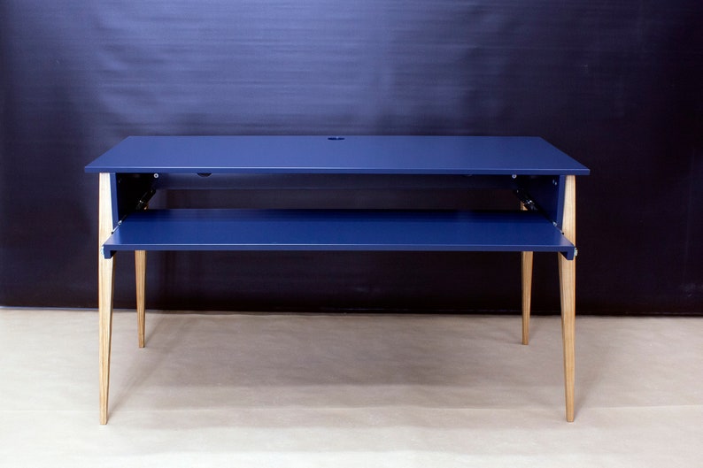 Blue PIANO-DRAWER Desk With a Cable Storage and Wooden Legs - Etsy