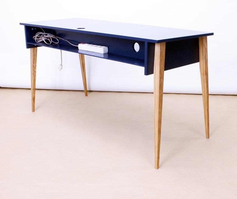 Blue PIANO-DRAWER Desk With a Cable Storage and Wooden Legs - Etsy