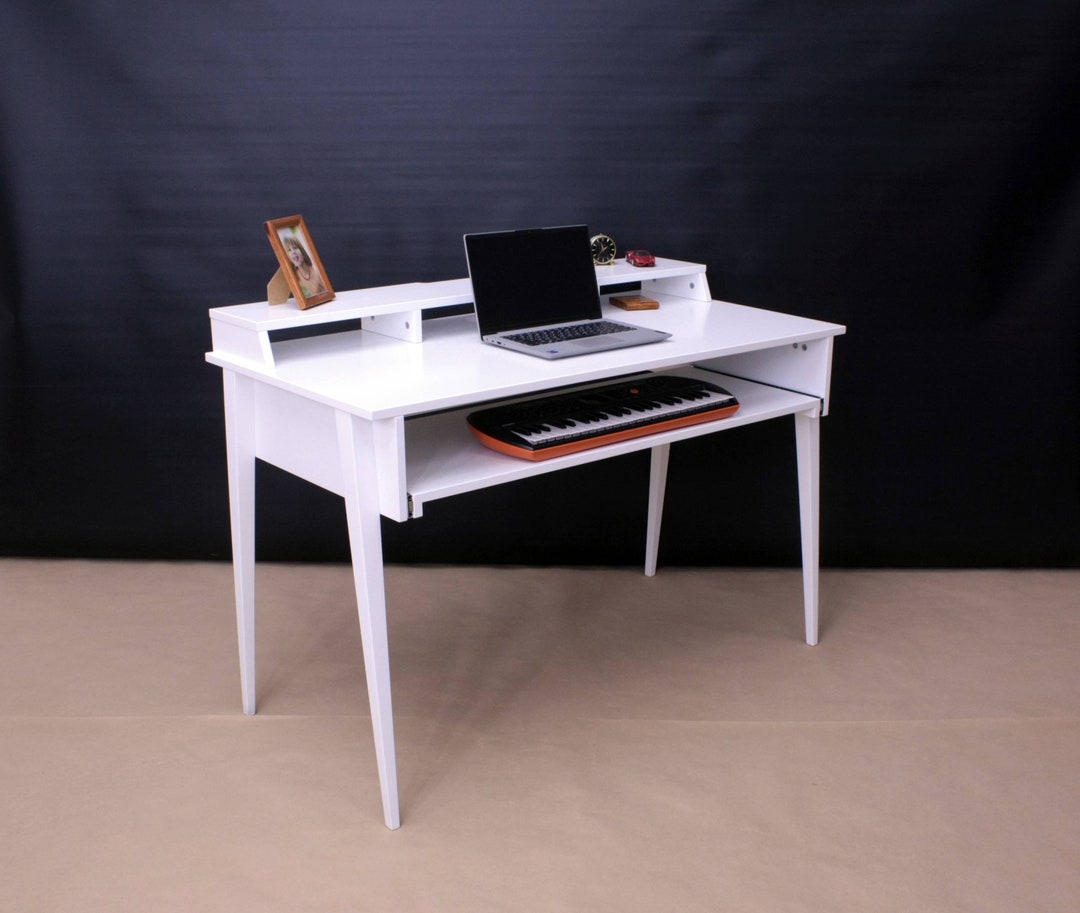 White PIANO DESK With Monitor Stand and Cable Storage, Plywood and ...