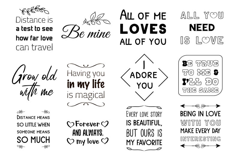 100 Love Quotes Sayings, Valentine's Day, Romantic Feeling, Heart. Set ...