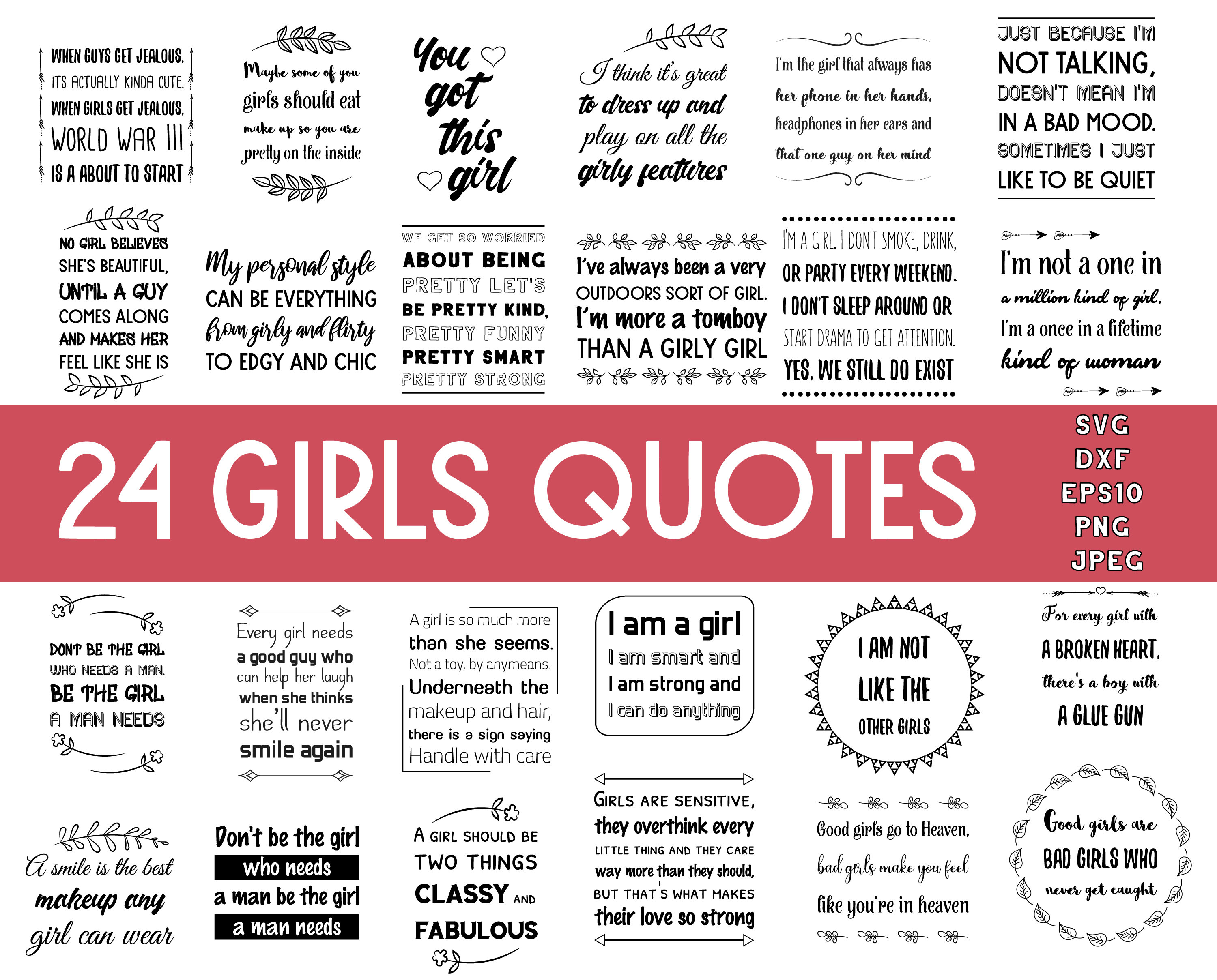 24 SVG Girls Quotes. Woman, Lady, Female Sayings Set Bundle, SVG, Png ...