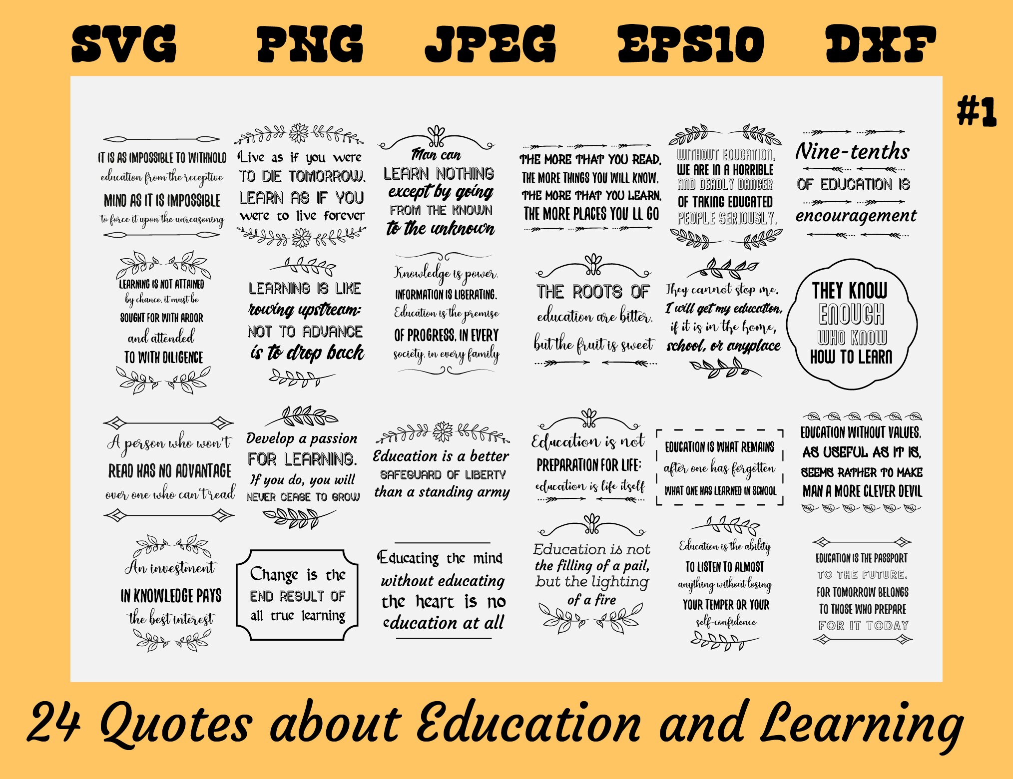 24 SVG Quotes Sayings About Education Learning and Knowledge Set Bundle ...