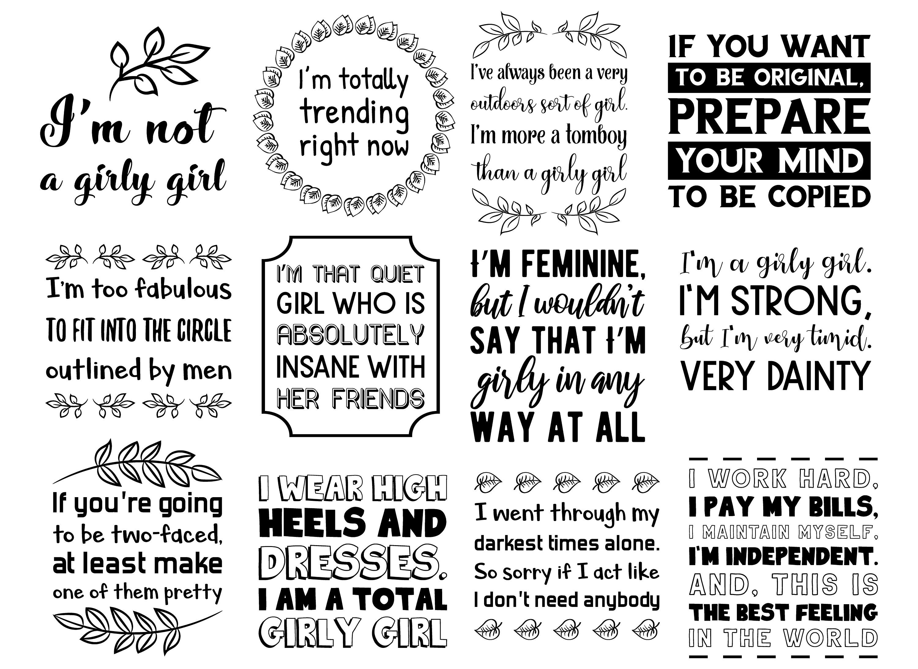 100 SVG Cute Girly Quotes, Woman, Female, Lady, Girls Funny Sayings Set ...
