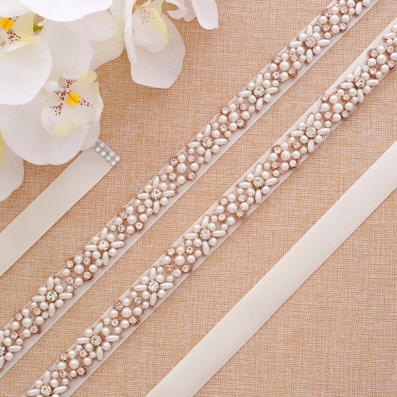 White Ribbon Bridal Sash Adorned With Pearls & Rhinestones on - Etsy